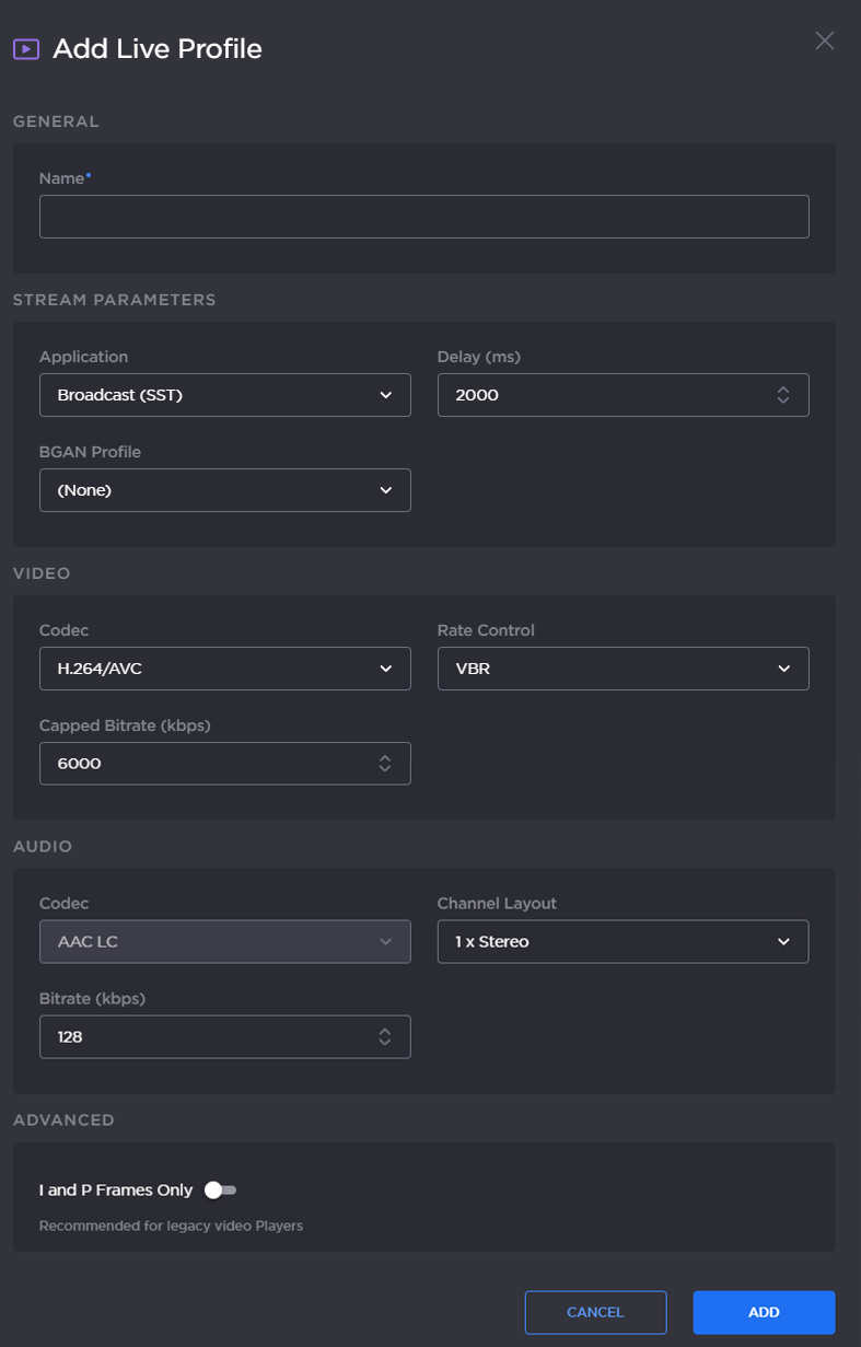 Configuring a Broadcast Live Profile