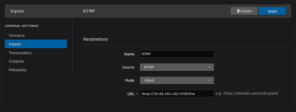 Connecting an RTMP Input Source