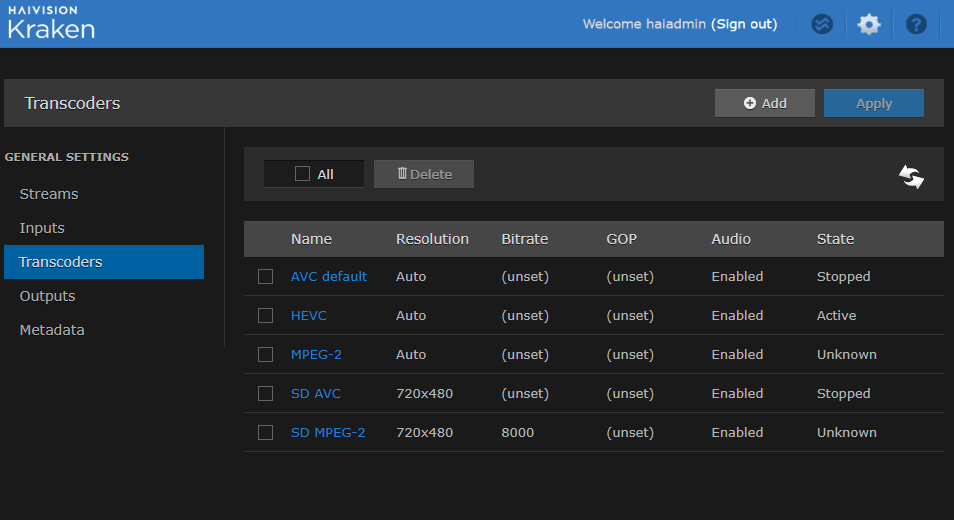Transcoders List View