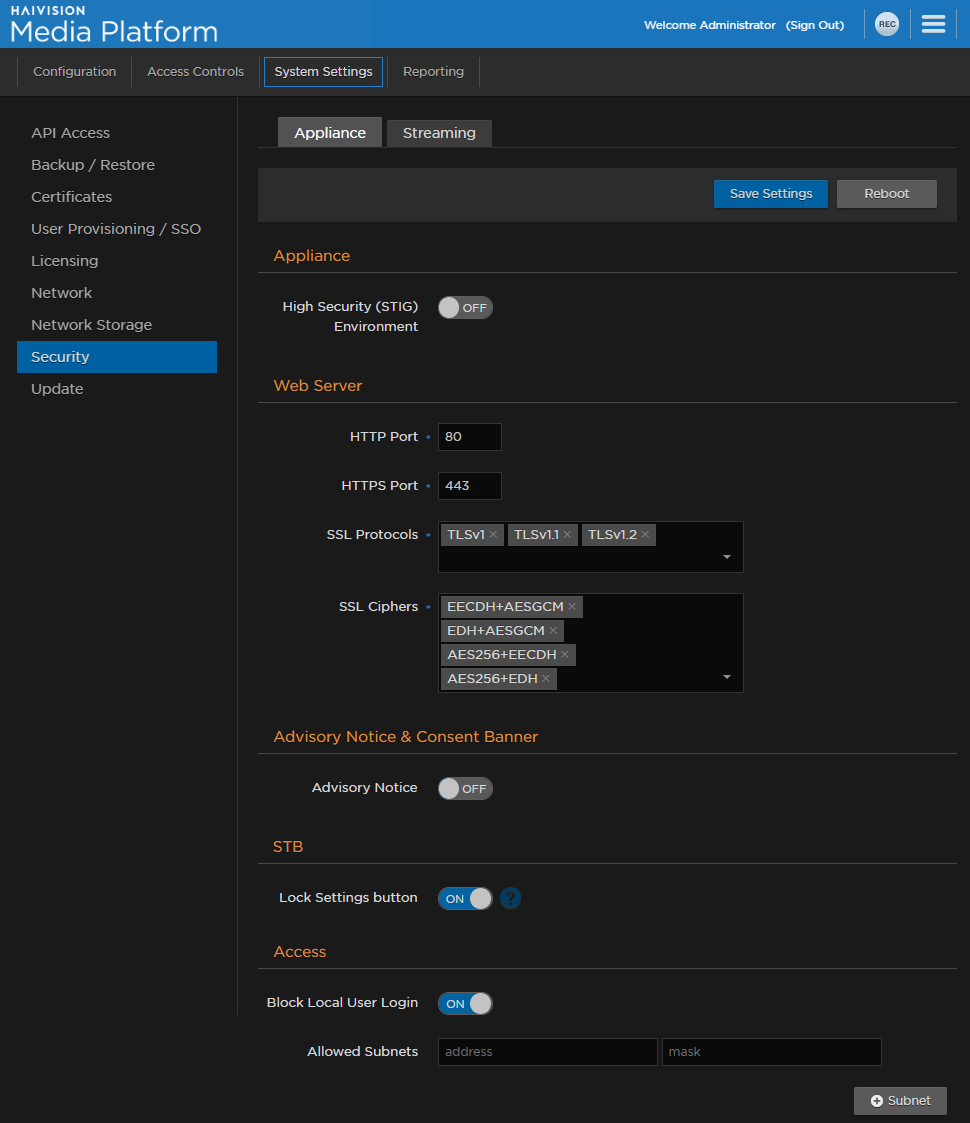 Configuring Appliance Security
